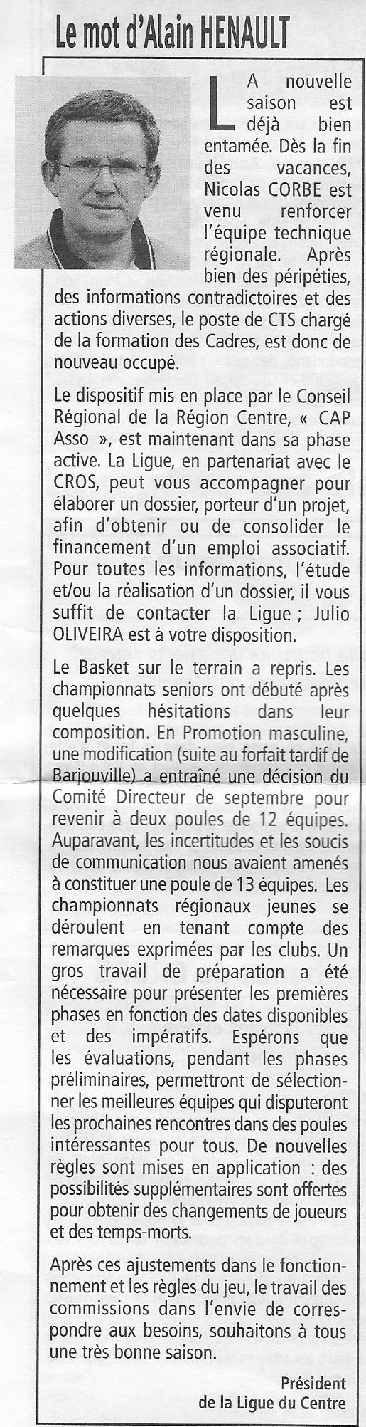 Saison 2005-2006 : Le Mot d'Alain Hénault - LCVL; Patrimoine